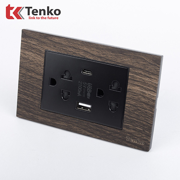 Ổ Cắm Đôi 3 Chấu + USB + Type C Âm tường Mặt Vân Gỗ TENKO TK-C6A-045